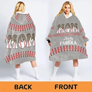 Baseball Mama Leopard Lace Mom Grey Personalized Sherpa Blanket Hoodie Wearable Blanket Oversized Hoodie Blanket Gift for Adult Women Men Teens