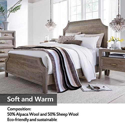 Alpaca Warehouse Alpaca Sheep Wool Blanket King/Full-Queen/Twin Size Thick Heavyweight Comfortably Warm - Great for Outdoor Use - Striped Design (Beige/Brown/Gray, King)