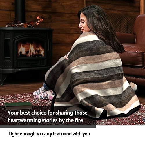 Alpaca Warehouse Alpaca Sheep Wool Blanket King/Full-Queen/Twin Size Thick Heavyweight Comfortably Warm - Great for Outdoor Use - Striped Design (Beige/Brown/Gray, King)