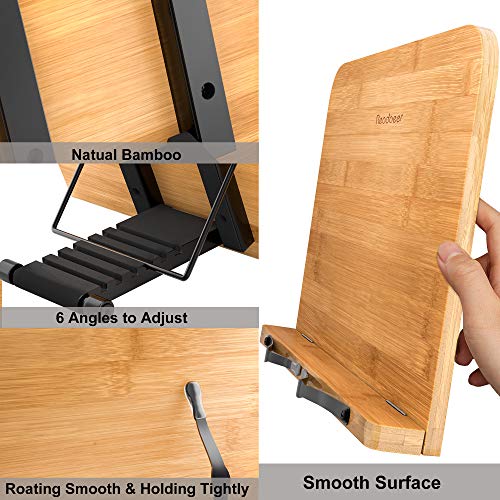 Readaeer Bamboo Book Stand, Large Book Holder with 6 Adjustable Height, Foldable Cookbook Stand Desktop Document Holder for Kitchen & Office (13.4 x 9.3 Inch)