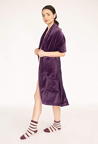 Chic Home Pedra Wrap Snuggle Robe Cozy Super Soft Ultra Plush Flannel Fleece Wearable Blanket with 2 Pockets and Bonus Pair of Striped Socks22” x 88”, 22, Purple