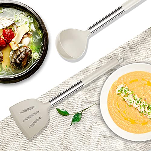 Large Silicone Cooking Utensils Set - Heat Resistant Kitchen Utensils,Turner Tongs,Spatula,Spoon,Brush,Whisk,Stainless Steel Silicone Cooking Tool for Nonstick Cookware,Dishwasher Safe (Khaki)