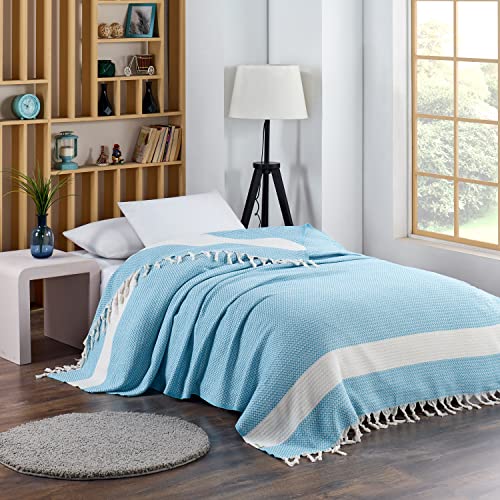 Aegean Concept Blanket, Vintage Boho Rustic 100% Cotton Super Soft 88"x90" (225 cm x 230 cm) Queen Size, Adult Turkish Muslin Light Bedcover Bedspread Queen Blankets, (Turquoise)