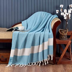 Aegean Concept Blanket, Vintage Boho Rustic 100% Cotton Super Soft 88"x90" (225 cm x 230 cm) Queen Size, Adult Turkish Muslin Light Bedcover Bedspread Queen Blankets, (Turquoise)