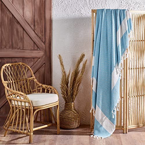 Aegean Concept Blanket, Vintage Boho Rustic 100% Cotton Super Soft 88"x90" (225 cm x 230 cm) Queen Size, Adult Turkish Muslin Light Bedcover Bedspread Queen Blankets, (Turquoise)