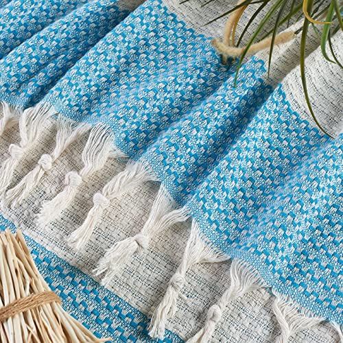 Aegean Concept Blanket, Vintage Boho Rustic 100% Cotton Super Soft 88"x90" (225 cm x 230 cm) Queen Size, Adult Turkish Muslin Light Bedcover Bedspread Queen Blankets, (Turquoise)