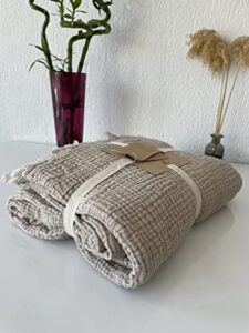 muslin blanket 100% cotton, 4 layers bedspread, soft turkish cotton muslin bed cover, reversible coverlet, beige (king size 95x102-230x260cm)