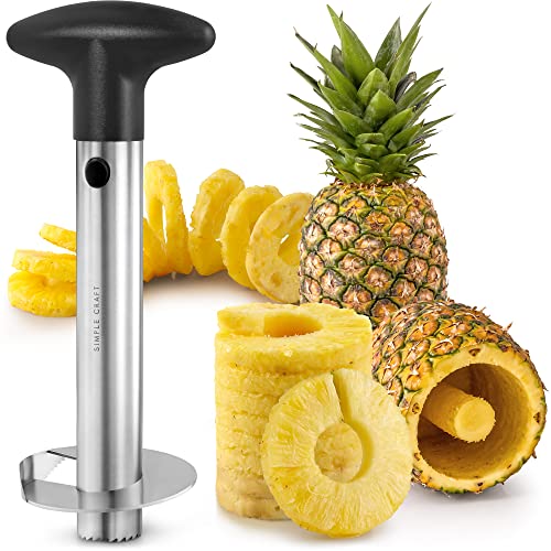 Simple Craft Pineapple Corer and Slicer Tool - Stainless Steel Pineapple Cutter With Sharp Built-in Blade & Detachable Handle - Heavy-Duty Pineapple Corer For Easy Coring & Ring Slices (Black)