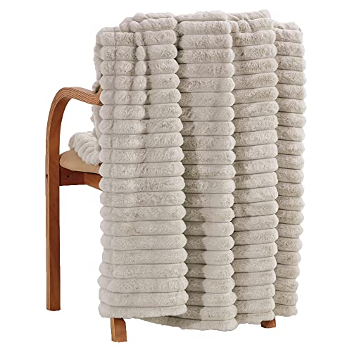 softan Faux Fur Blanket, Soft Fuzzy Fluffy Striped Fleece Throw Blanket for Couch Sofa Living Room, Beige Furry Throw Blanket, Cream White Fur Throws - 50"x 60"