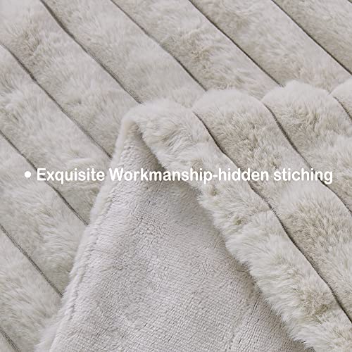 softan Faux Fur Blanket, Soft Fuzzy Fluffy Striped Fleece Throw Blanket for Couch Sofa Living Room, Beige Furry Throw Blanket, Cream White Fur Throws - 50"x 60"