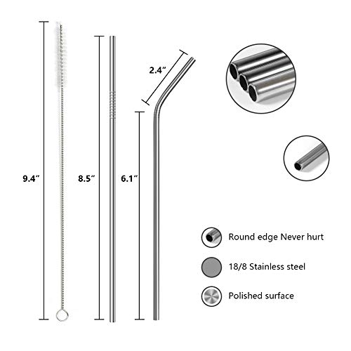 4PCS Reusable Metal Straws,8.5" Stainless Steel Straws with Case -Cleaning Brush for 20/30 Oz for Tumblers (Silver)