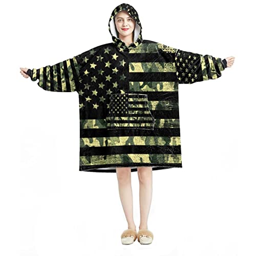 American Flag Camouflage Wearable Blanket Hoodie,Oversized Hooded Blanket Sweatshirt