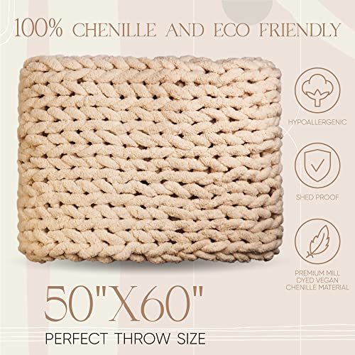 Lake Island Chunky Knit Throw Blanket - NO Shedding 50x60 Inch - Luxury Chenille Chunky Blanket Adds Warmth - Soft Cozy Chunky Throw Blanket for Bed, Sofa or Chair - Plush Boho Farmhouse Decor Cream