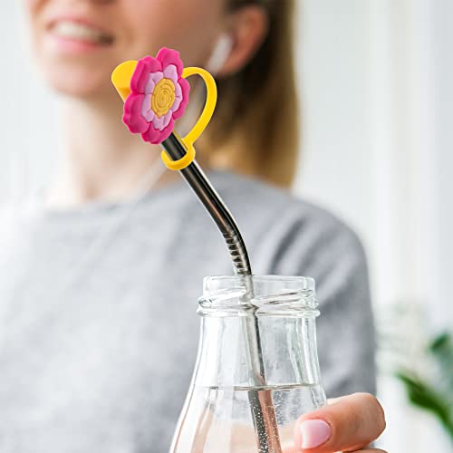 HINZIC 9 Pcs Silicone Straw Cover Cap Reusable Colored Dust-Proof Flower Blossom Cute Drinking Straw Tips Set Straws Plug for 6-8 mm(0.3 Inch) for Stanley Cup Straw Travel Home Outdoor