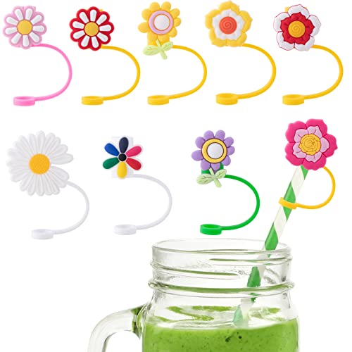 HINZIC 9 Pcs Silicone Straw Cover Cap Reusable Colored Dust-Proof Flower Blossom Cute Drinking Straw Tips Set Straws Plug for 6-8 mm(0.3 Inch) for Stanley Cup Straw Travel Home Outdoor