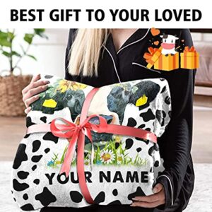 KSUPER Custom Cow Print Blanket with Name Text Personalized Cow Print Bedding Throw Blankets for Sofa Girls Kids Adults Daughter Mom Christmas Valentine's Day Birthday Gifts