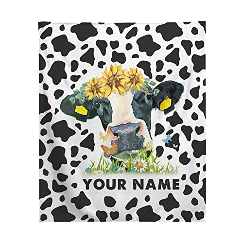 KSUPER Custom Cow Print Blanket with Name Text Personalized Cow Print Bedding Throw Blankets for Sofa Girls Kids Adults Daughter Mom Christmas Valentine's Day Birthday Gifts