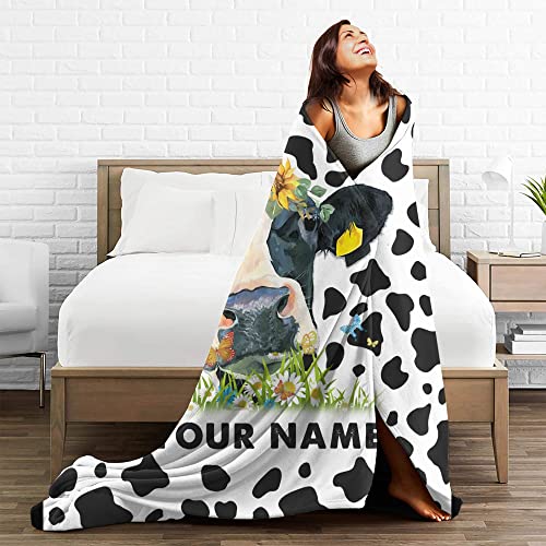 KSUPER Custom Cow Print Blanket with Name Text Personalized Cow Print Bedding Throw Blankets for Sofa Girls Kids Adults Daughter Mom Christmas Valentine's Day Birthday Gifts