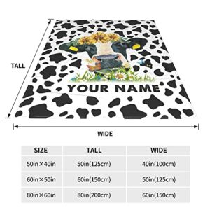 KSUPER Custom Cow Print Blanket with Name Text Personalized Cow Print Bedding Throw Blankets for Sofa Girls Kids Adults Daughter Mom Christmas Valentine's Day Birthday Gifts