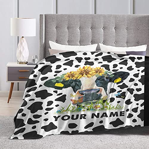 KSUPER Custom Cow Print Blanket with Name Text Personalized Cow Print Bedding Throw Blankets for Sofa Girls Kids Adults Daughter Mom Christmas Valentine's Day Birthday Gifts