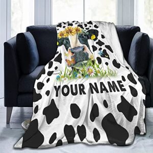 KSUPER Custom Cow Print Blanket with Name Text Personalized Cow Print Bedding Throw Blankets for Sofa Girls Kids Adults Daughter Mom Christmas Valentine's Day Birthday Gifts