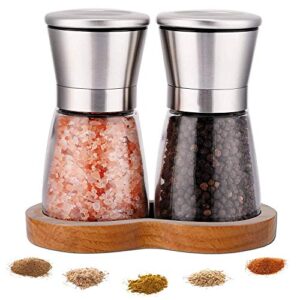 lessmo salt and pepper grinder set with wooden standing tray, refillable pepper mill set - brushed stainless steel - short glass shakers with adjustable coarseness for peppercorn, salt or spice mill