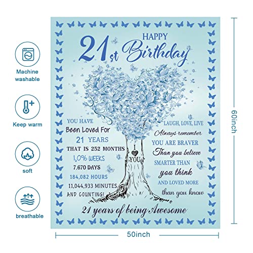 Kesidilo 21st Birthday Gifts for Her, Gifts for 21 Year Old Female, 21 Year Old Birthday Gifts Ideas, Happy 21st Birthday Gift for Women Daughter Sister, 21st Birthday Decorations Blanket 50"X60"