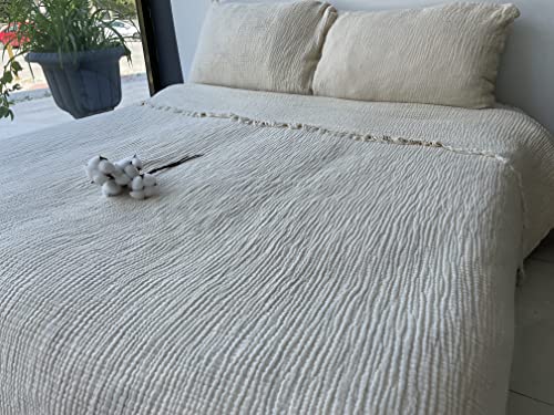 Muslin Blanket 100% Cotton, 4 Layers Bedspread, Soft Turkish Cotton Muslin Bed Cover, Reversible Coverlet, Ivory (King Size Two Pillowcase 20x36 (50x90cm))