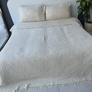 Muslin Blanket 100% Cotton, 4 Layers Bedspread, Soft Turkish Cotton Muslin Bed Cover, Reversible Coverlet, Ivory (King Size Two Pillowcase 20x36 (50x90cm))