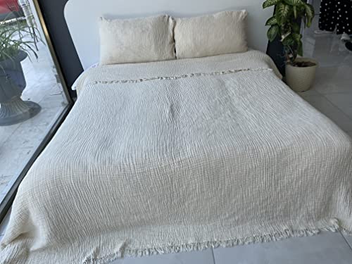 Muslin Blanket 100% Cotton, 4 Layers Bedspread, Soft Turkish Cotton Muslin Bed Cover, Reversible Coverlet, Ivory (King Size Two Pillowcase 20x36 (50x90cm))