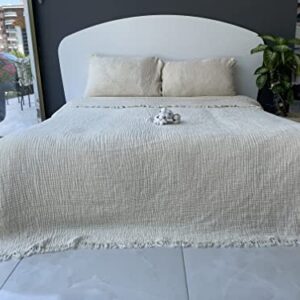 Muslin Blanket 100% Cotton, 4 Layers Bedspread, Soft Turkish Cotton Muslin Bed Cover, Reversible Coverlet, Ivory (King Size Two Pillowcase 20x36 (50x90cm))