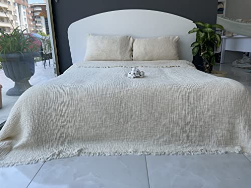 Muslin Blanket 100% Cotton, 4 Layers Bedspread, Soft Turkish Cotton Muslin Bed Cover, Reversible Coverlet, Ivory (King Size Two Pillowcase 20x36 (50x90cm))