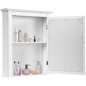 dortala mirrored bathroom cabinet, wall mount wooden medicine storage cabinet w/single door & adjustable shelf, multipurpose home organizer for hallway living room bedroom, white