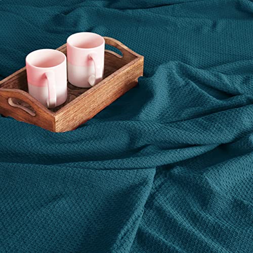 BOUTIQUO 100% Cotton Bed Blanket, Breathable Thermal Blanket Twin Size, Soft Honeycomb Waffle Blanket 60"x90", Cotton Bed Blanket, Perfect for Layering Any Bed for All Season, Teal