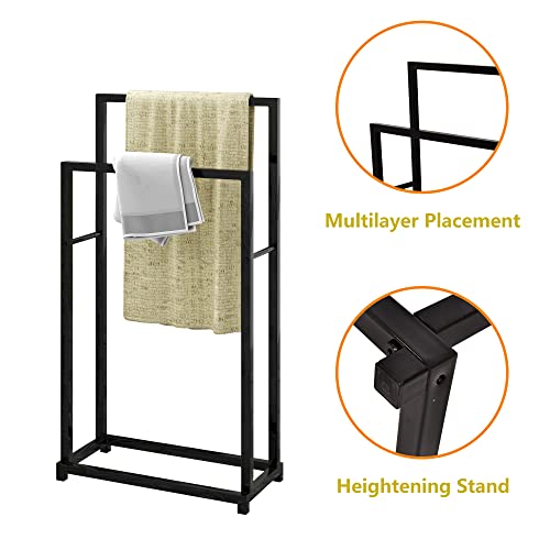 HAHRIR Black Metal 2-Tiers Stainless Steel Towel Racks ,Freestanding Towel Holder for Bathroom Accessories Organizer，for Bath Storage & Hand Towels&Washcloths& Blanket Rack