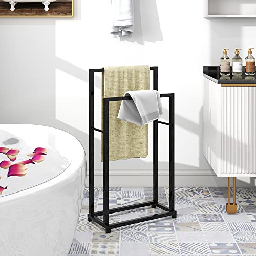 HAHRIR Black Metal 2-Tiers Stainless Steel Towel Racks ,Freestanding Towel Holder for Bathroom Accessories Organizer，for Bath Storage & Hand Towels&Washcloths& Blanket Rack