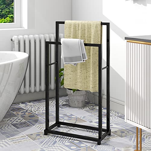 HAHRIR Black Metal 2-Tiers Stainless Steel Towel Racks ,Freestanding Towel Holder for Bathroom Accessories Organizer，for Bath Storage & Hand Towels&Washcloths& Blanket Rack