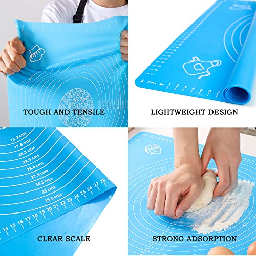 Silicone Baking Mat for Pastry Rolling Dough with Measurements,19.7" x 15.7" BPA Free Non stick and Non Slip Blue Table Sheet Baking Supplies for Bake Pizza Cake