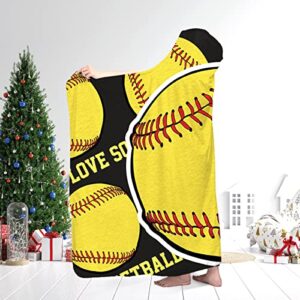 Custom Softball Hooded Blanket, I Love Softball Blankets and Throws, Softball Stuff for Girls Oversized Wearable Hooded Sports Blanket Adult Hooded Blanket for Boys Girls Adults