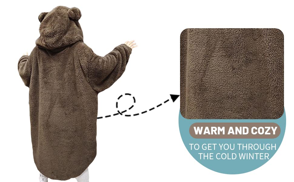 Cute Blanket Hoodie Adult Bunny or Bear Fashion Blanket Hoodies Sweater Furry Fluffy Blanket Sweatshirt Soft Cozy Oversized Women Men,Warm Fleece Sherpa Blanket Jacket,aldult,Brown Bear