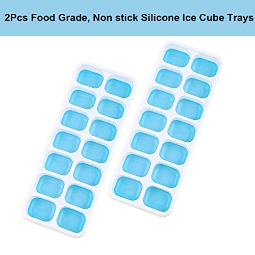 HPOPO 2PCS Silicone Ice Cube Tray Flexible and Convenient 14-cell Household Square BPA-free With Lid can be Stacked, Suitable for Cocktails Cola Whiskey other drinks, Blue