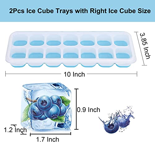 HPOPO 2PCS Silicone Ice Cube Tray Flexible and Convenient 14-cell Household Square BPA-free With Lid can be Stacked, Suitable for Cocktails Cola Whiskey other drinks, Blue