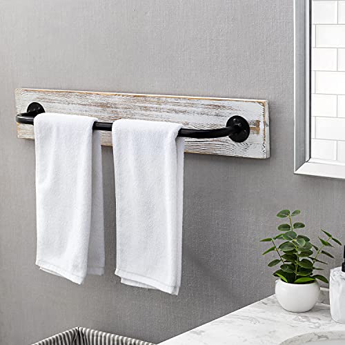 Cadby 24-inch Vintage Whitewashed Wood and Black Metal Wall Mounted Towel Bar Rack, Bathroom Towel Holder