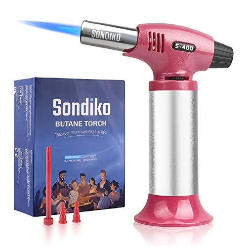 Sondiko Butane Torch PS400, Culinary Kitchen Torch Refillable Blow Torch Lighter with Safety Lock&Continuously Flame for Cooking, Creme Brulee, BBQ, DIY&Soldering(Butane Gas not Included)