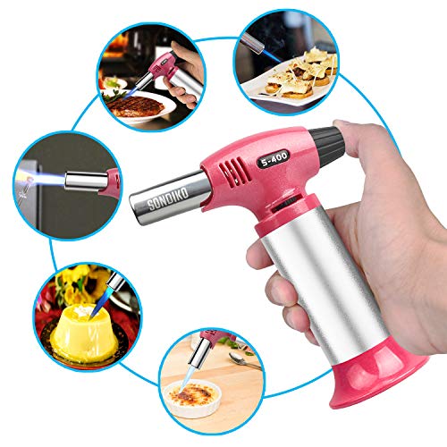 Sondiko Butane Torch PS400, Culinary Kitchen Torch Refillable Blow Torch Lighter with Safety Lock&Continuously Flame for Cooking, Creme Brulee, BBQ, DIY&Soldering(Butane Gas not Included)