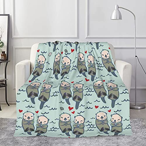 Premium Sea Otters Throw Blankets for Boys Girls,Cute Funny Sea Otter Couple on Blue Blankets for Couch Bed Sofa,Luxury Fuzzy Plush Fluffy Soft Fleece Blankets and Throws for Adults Kids,50"X40"