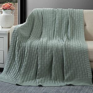 RUDONG M Sage Green Cotton Cable Knit Throw Blanket, Cozy Warm Knitted Couch Cover Blankets, 50 x 60 Inch