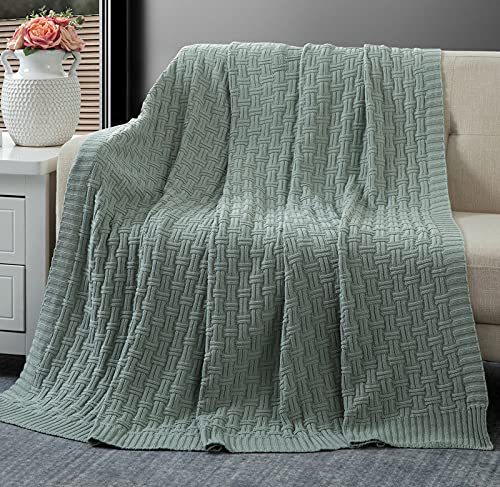 RUDONG M Sage Green Cotton Cable Knit Throw Blanket, Cozy Warm Knitted Couch Cover Blankets, 50 x 60 Inch