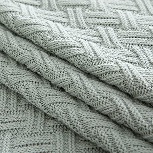 RUDONG M Sage Green Cotton Cable Knit Throw Blanket, Cozy Warm Knitted Couch Cover Blankets, 50 x 60 Inch