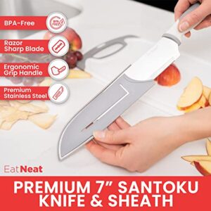 EatNeat 5 pc Cutting Board and Kitchen Knife Set - Premium Plastic Cutting Boards and Kitchen Knife Set, Home Essentials Kit Includes Stainless Steel Santoku Knife With Sheath and 3 Chopping Boards